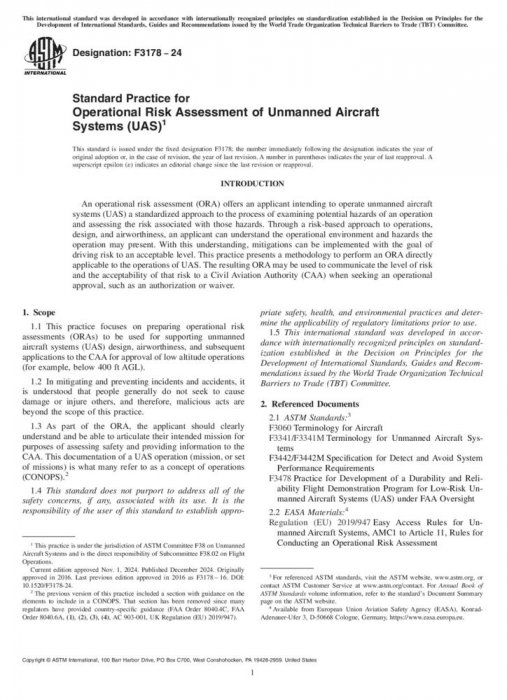 ASTM F3178-24 无人驾驶航空系统（UAS）运行风险评估标准实践 标准