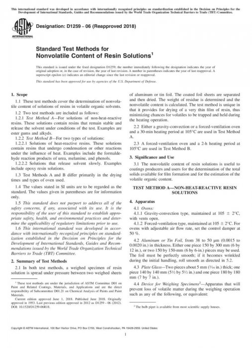 ASTM D1259-06(2018) 树脂溶液不挥发物含量的标准试验方法 标准