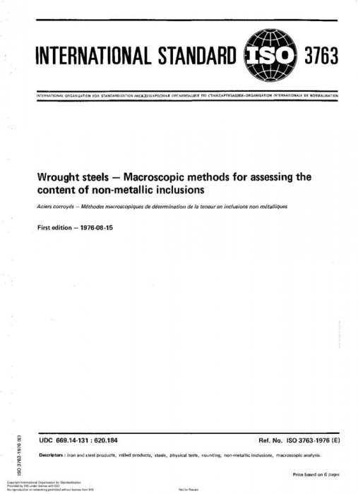 ISO 3763:1976 钢材 评定非金属夹杂物含量的宏观方法 标准