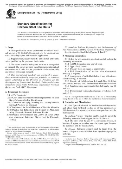 ASTM A1-00(2018) 碳钢三通轨道的标准规范 标准
