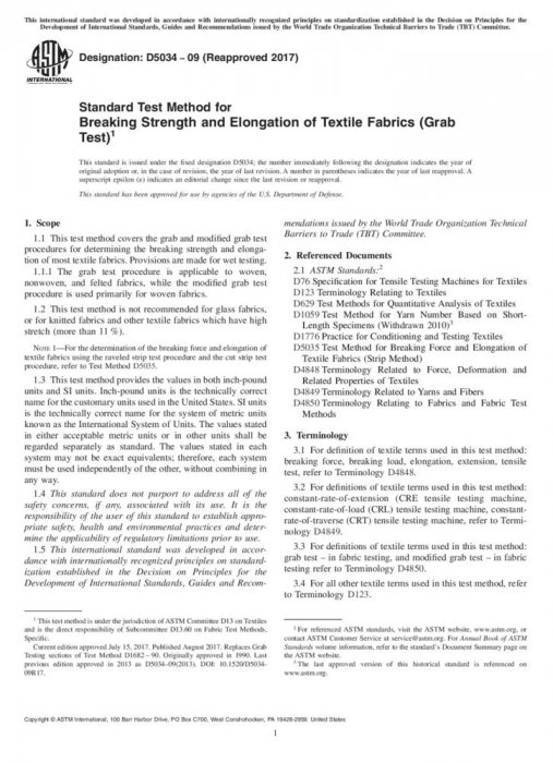 ASTM D5034-09(2017) 织物断裂强度和伸长率的标准试验方法（抓斗试验） 标准