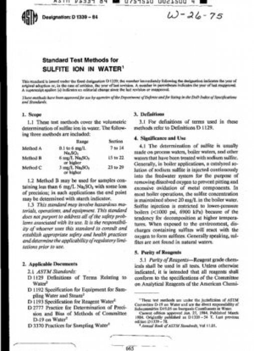 ASTM D1339-84 水中亚硫酸根离子的测定方法 标准