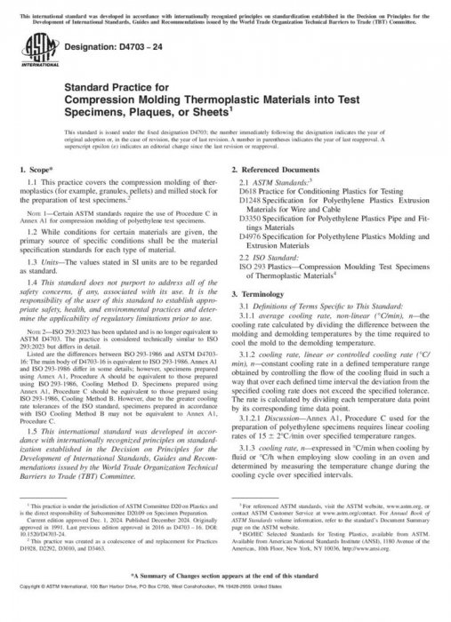 ASTM D4703-24 将热塑性材料压制成试样 板或板的标准实践 标准