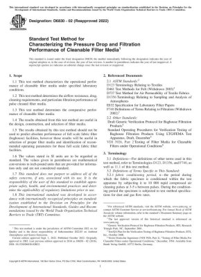 ASTM D6830-02(2022) 用于表征可清洗过滤介质的压降和过滤性能的标准测试方法 标准全文