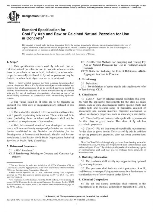 ASTM C618-19 硅酸盐水泥混凝土中用作矿物掺合料的粉煤灰和生的或煅烧的天然火山灰的标准规范 标准