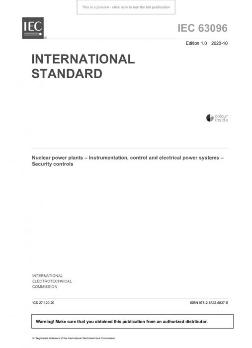 IEC 63096:2020 核电站 仪表、控制和电力系统 安全控制 标准