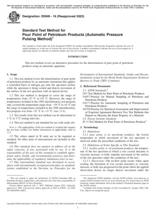 ASTM D5949-16(2022) 石油产品倾点的标准试验方法（自动压力脉冲法） 标准
