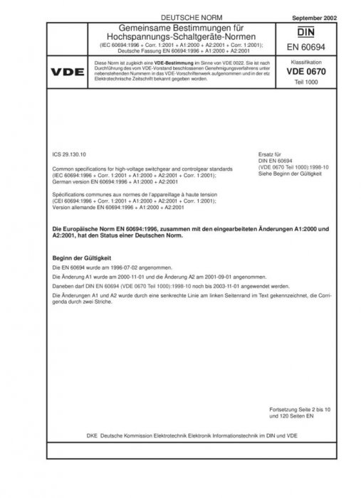 VDE 0670-1000-2002*DIN EN 60694:2002 高压开关设备和控制设备标准的通用规范 标准