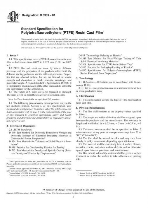 ASTM D3369-01 聚四氟乙烯（PTFE）树脂铸膜的标准规范 标准