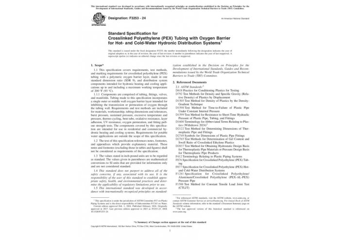 ASTM F3253-24 用于热水和冷水液体循环分配系统的带阻氧层的交联聚乙烯 (PEX) 管的标准规范 标准
