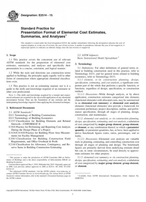 ASTM E2514-15 元素成本估算 摘要和分析报告格式的标准实践 标准