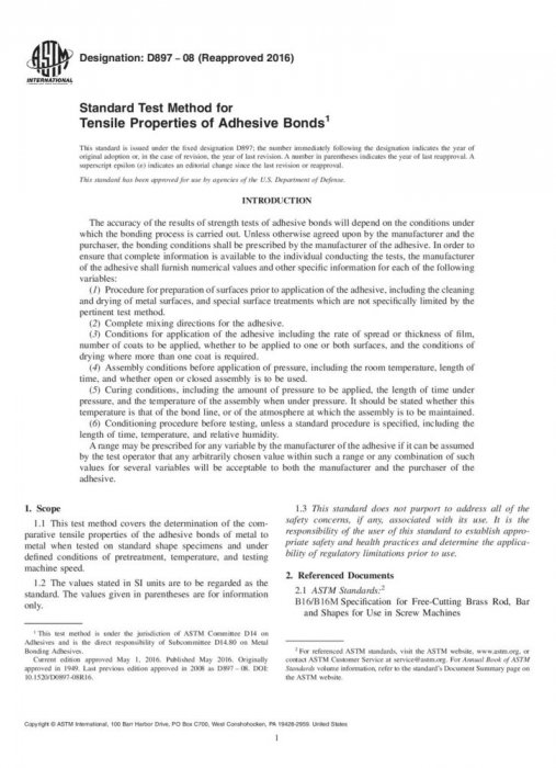 ASTM D897-08(2016) 胶粘剂拉伸性能的标准试验方法 标准