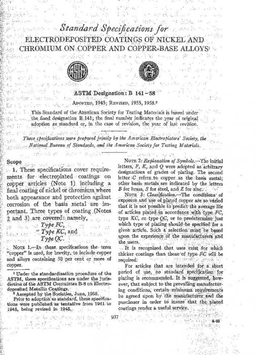 ASTM B141-58 镍和铬镀层在铜及铜基合金上的电沉积 标准
