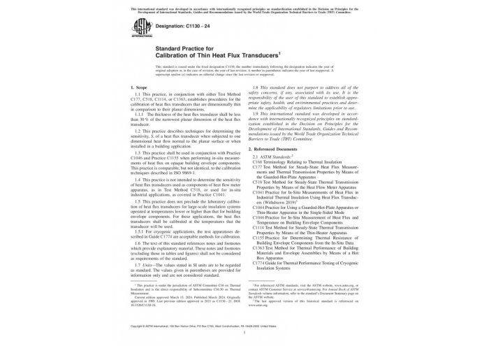 ASTM C1130-24 薄热通量传感器的校准标准实施规程 标准