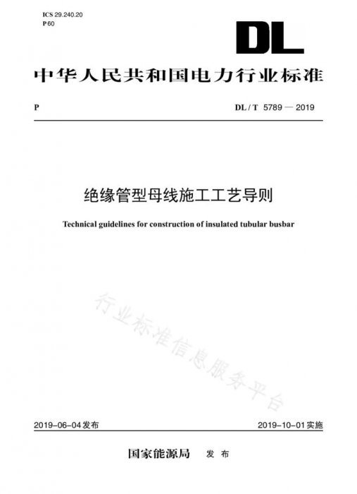 DL/T 5789-2019 绝缘管型母线施工工艺导则 标准