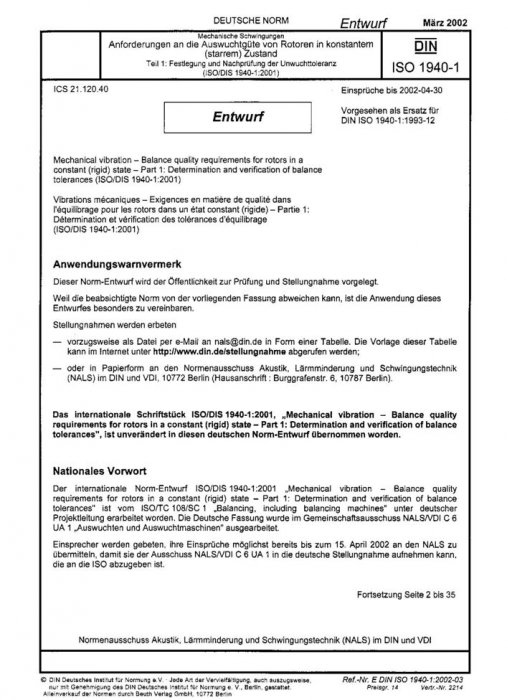 DIN ISO 1940-1 E:2002-03 机械振动 在恒定(刚性)状态下转子的平衡质量要求 第1部分：平衡公差的规范和检定 标准