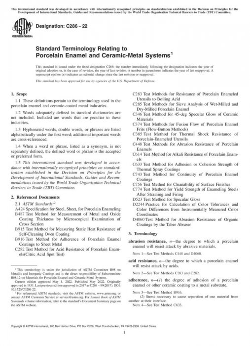 ASTM C286-22 搪瓷和陶瓷金属系统相关的标准术语 标准
