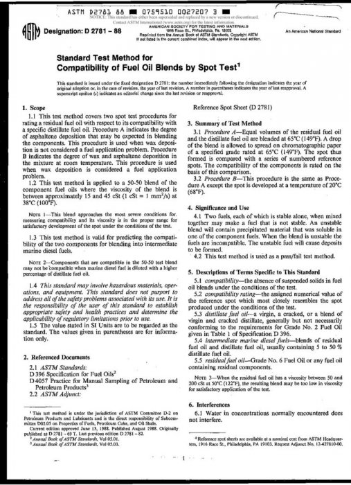 ASTM D2781-88 残余燃料油与特定馏分燃料油兼容性测试方法（点试法） 标准