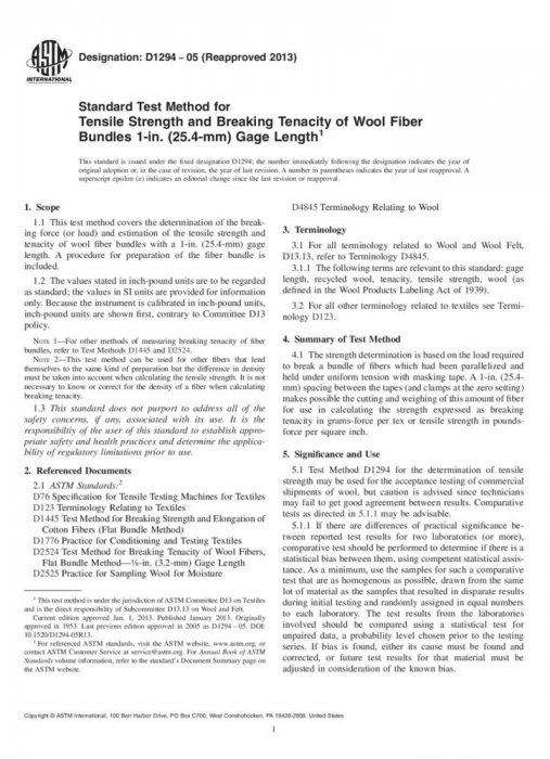 ASTM D1294-05(2013) 羊毛纤维束的拉伸强度和断裂强度的标准测试方法1-in （25.4毫米）量规长度 标准