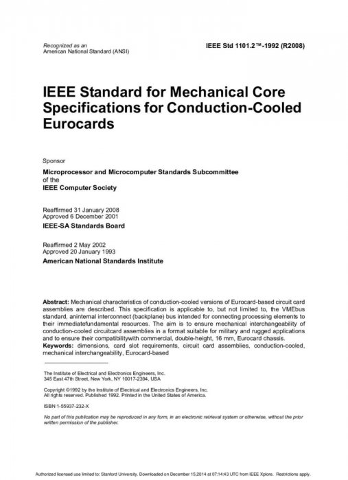 IEEE Std 1101.2-1992(R2008) 传导冷却欧洲卡机械核心规范的 IEEE 标准 标准