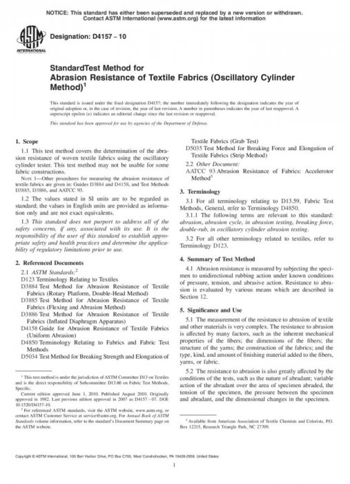 ASTM D4157-10 纺织纤维耐磨性的标准试验方法(摆辊式耐磨试验法) 标准