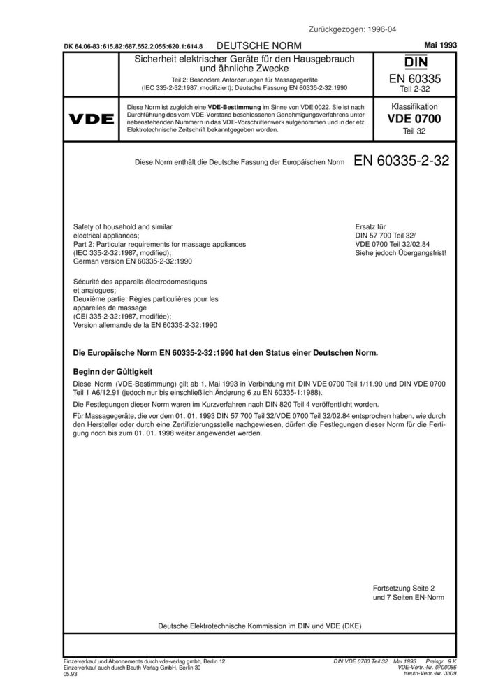 VDE 0700-32-1993*DIN EN 60335-2-32:1993 家用和类似用途电气设备安全 第2-32部分：按摩器具的特殊要求 ...