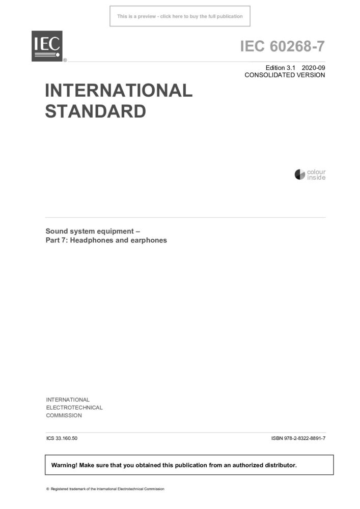 IEC 60268-7:2010+AMD1:2020 CSV 音响系统设备.第7部分:耳机和入耳式耳机 标准全文