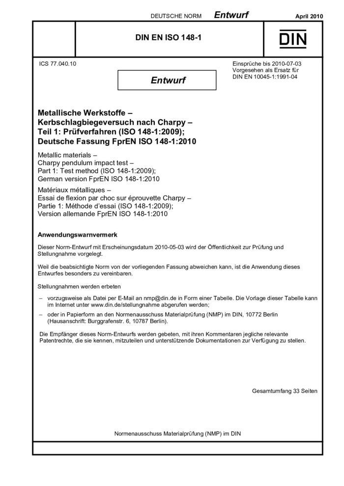 DIN EN ISO 148-1 E:2010-04 DIN EN ISO 148-1 E:2010-04 标准全文