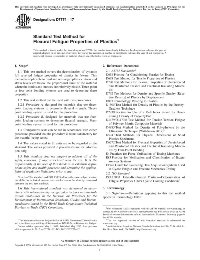 ASTM D7774-17 塑料弯曲疲劳特性的标准试验方法 标准全文
