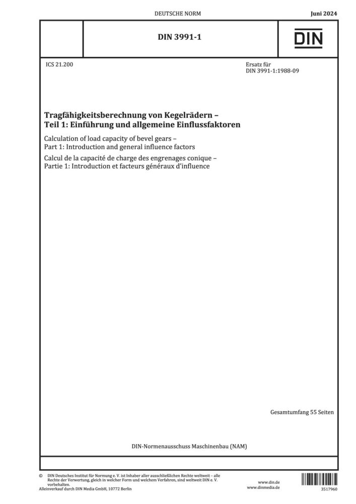 DIN 3991-1:2024-06 圆锥齿轮载荷计算 第1部分：简介和一般影响因素 标准全文