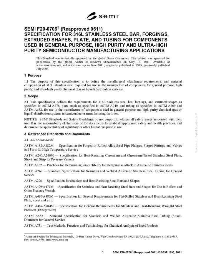 SEMI F20-0706E (Reapproved 0611)-2011 通用、高纯度和超高纯度半导体制造应用中使用的 316L 不锈钢棒材 ...