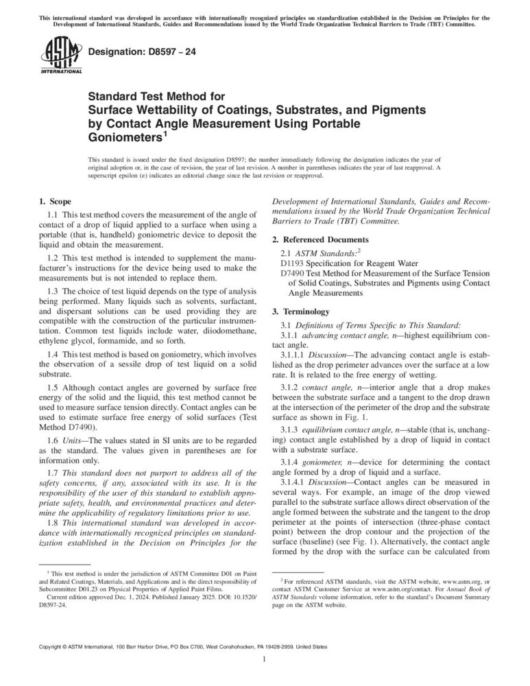 ASTM D8597标准：表面润湿性接触角测量方法