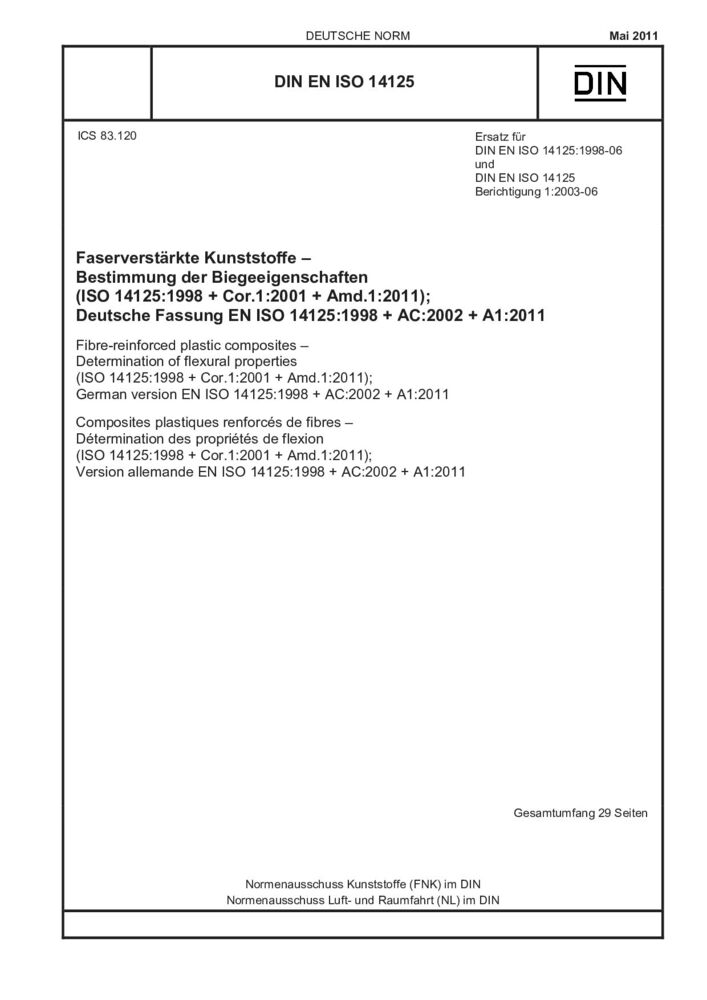 DIN EN ISO 14125:2011 纤维增强塑料复合材料.弯曲性能测定(ISO 14125-1998 + 修改件1-2011).德文 ...
