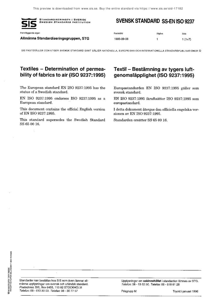 SS-EN ISO 9237:1995 纺织品 织物透气性的测定（ISO 9237:1995） 发布历史