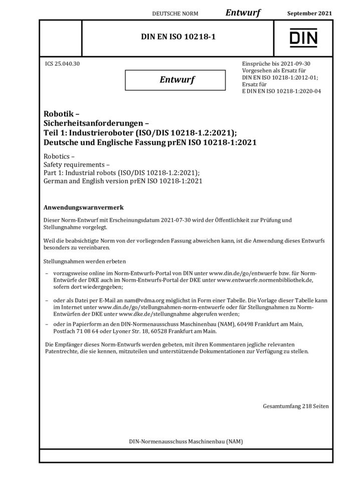 DIN EN ISO 10218-1:2021-09 机器人技术 安全要求 第1部分：工业机器人 标准全文
