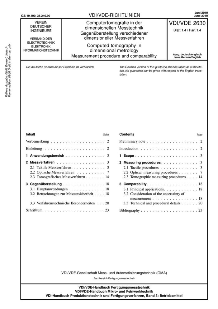 VDI/VDE 2630 Blatt 1.4-2010 尺寸计量中的计算机断层扫描 测量程序和可比性 标准全文