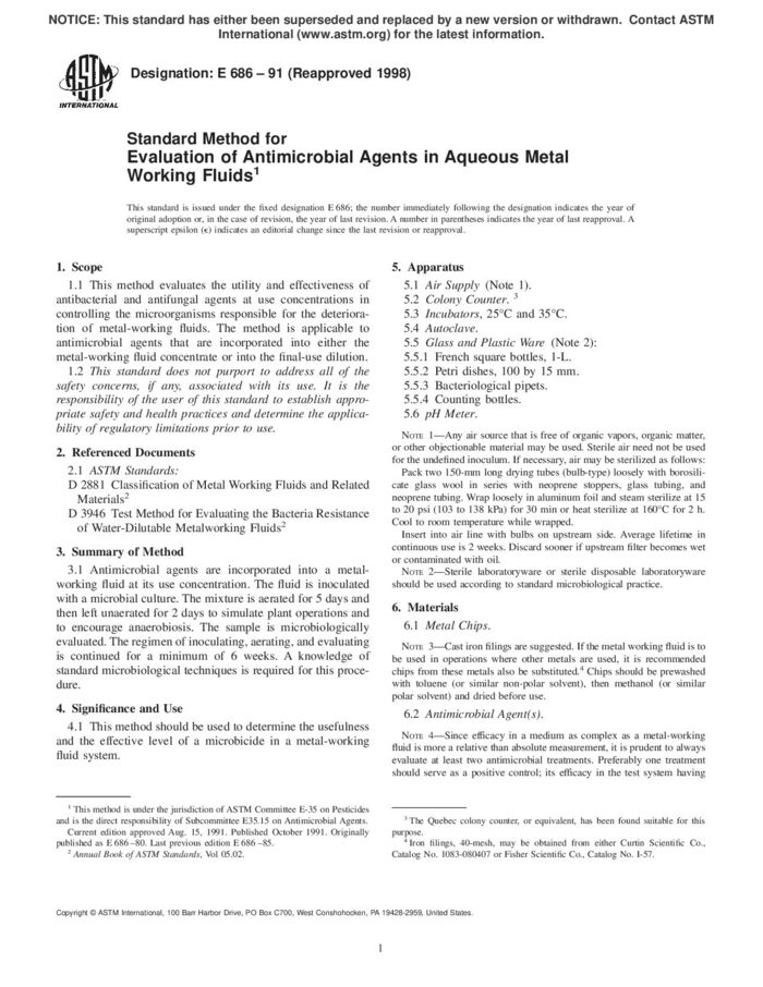 ASTM E686-91(1998) 评估含水金属加工液中抗菌剂的标准方法（2004 年撤回） 发布历史