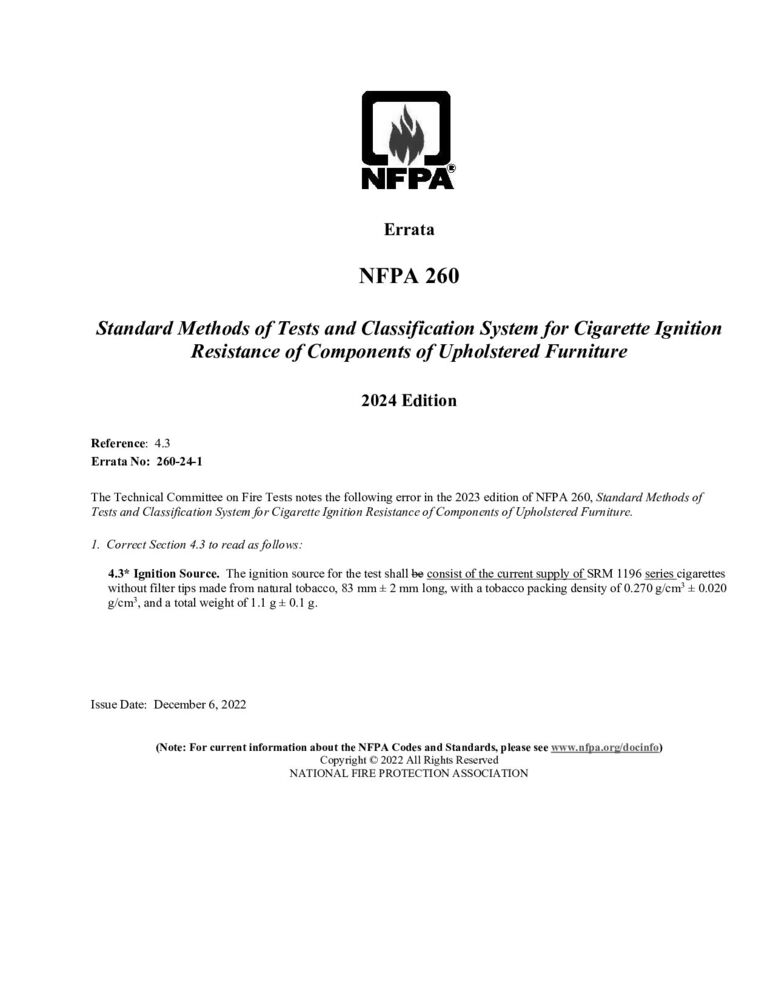 NFPA 260-2024 errata 1-2023 软垫家具部件耐香烟点燃性的测试标准方法和分类系统勘误表 标准全文