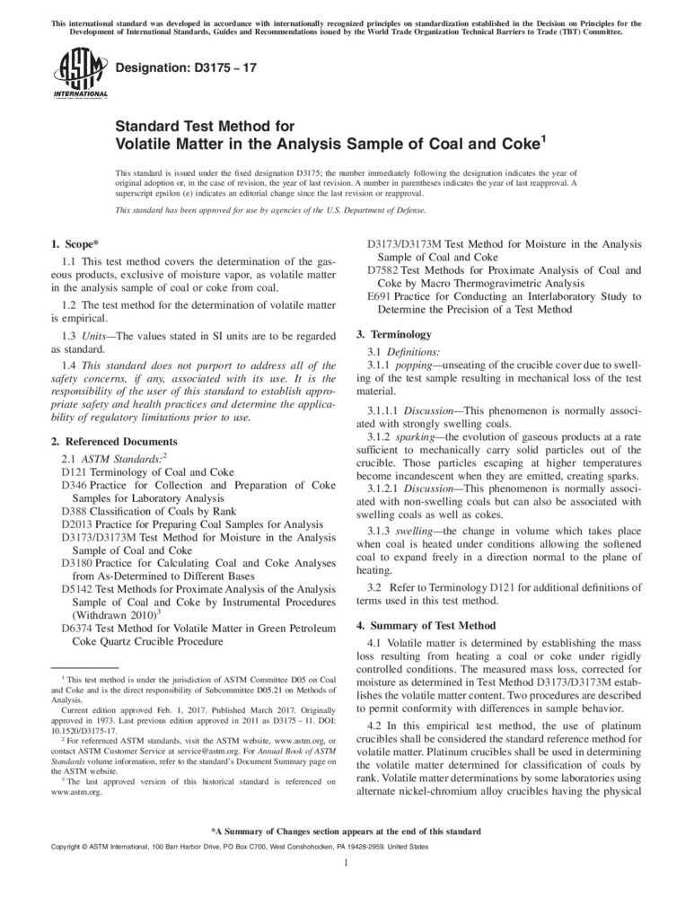 ASTM D3175-17 煤和焦炭分析样品中挥发性物质的标准试验方法 标准全文