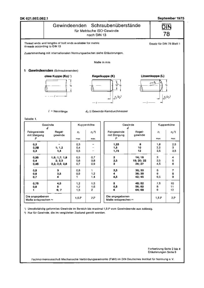DIN 78:1975 螺栓尾部的凸度 标准全文