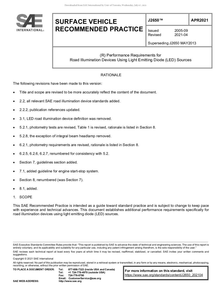 SAE J2650-2021 道路照明装置系统发光二极管的性能要求 标准全文