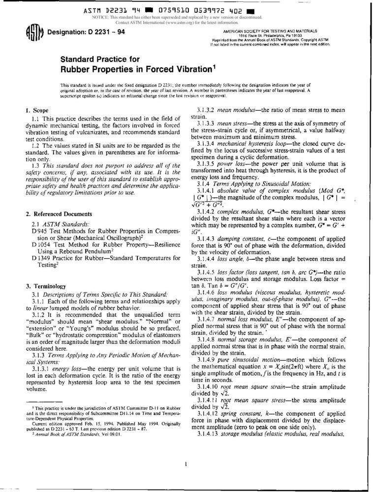 ASTM D2231-94 橡胶在强迫振动中的性质试验实践 标准全文