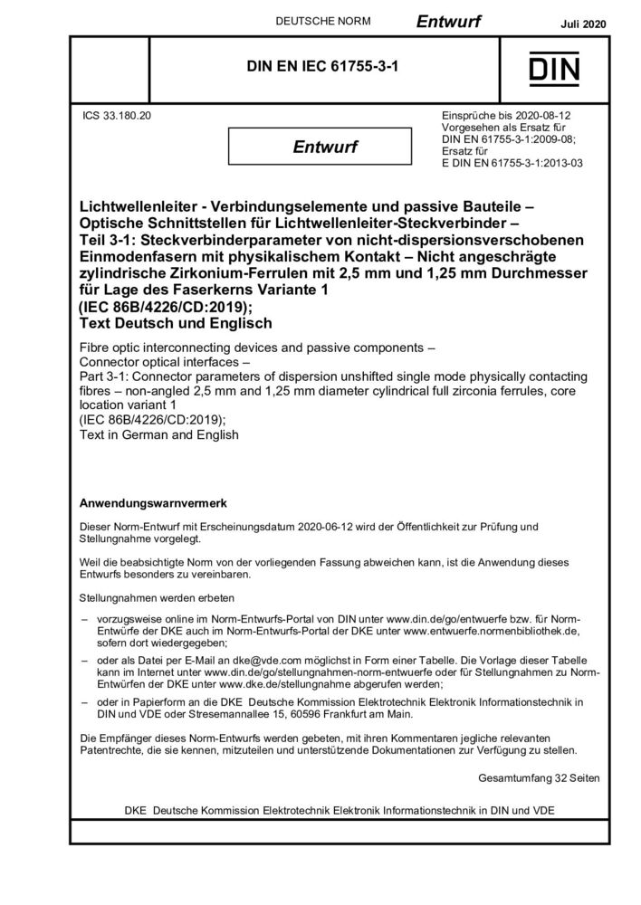 DIN EN IEC 61755-3-1:2020-07 光纤互连装置和无源元件 连接器光学接口 第3-1部分：色散未移位单模物理接触光纤的 ...