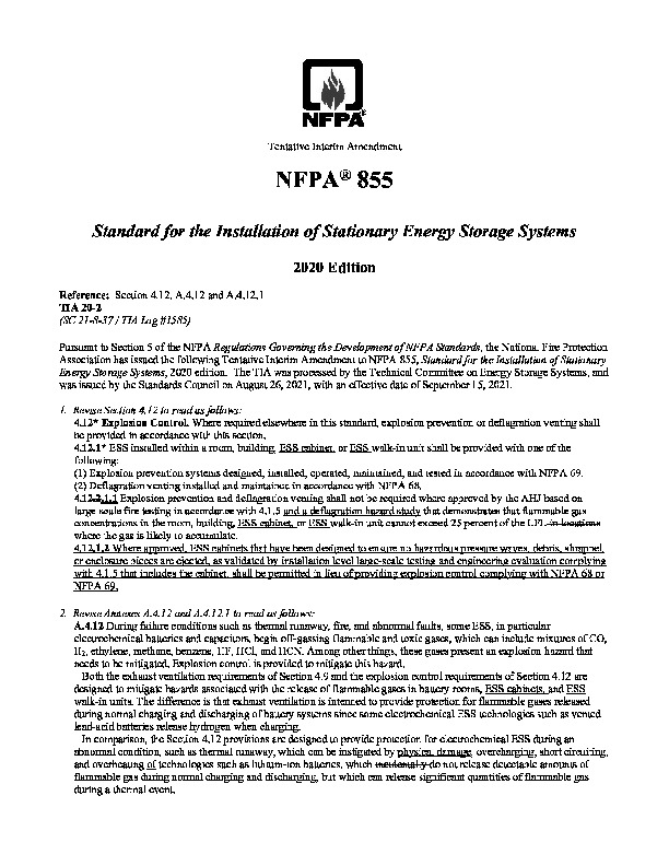 NFPA 855爆炸控制修订解析与储能安全实施指南