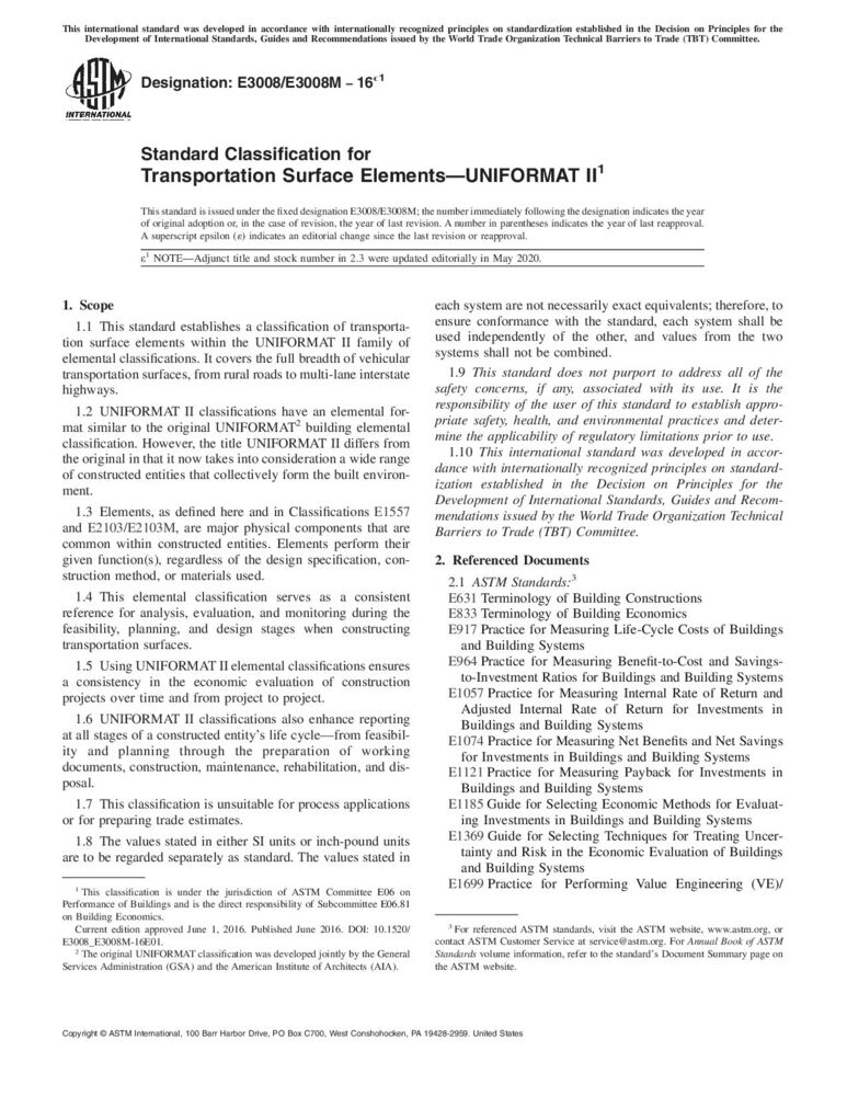 ASTM E3008/E3008M-16e1 运输表面元件的标准分类—；统一格式II 发布历史