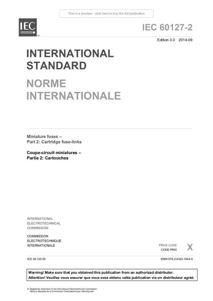 IEC 60127-2:2014 微型熔断器.第2部分:熔断连杆管 标准全文