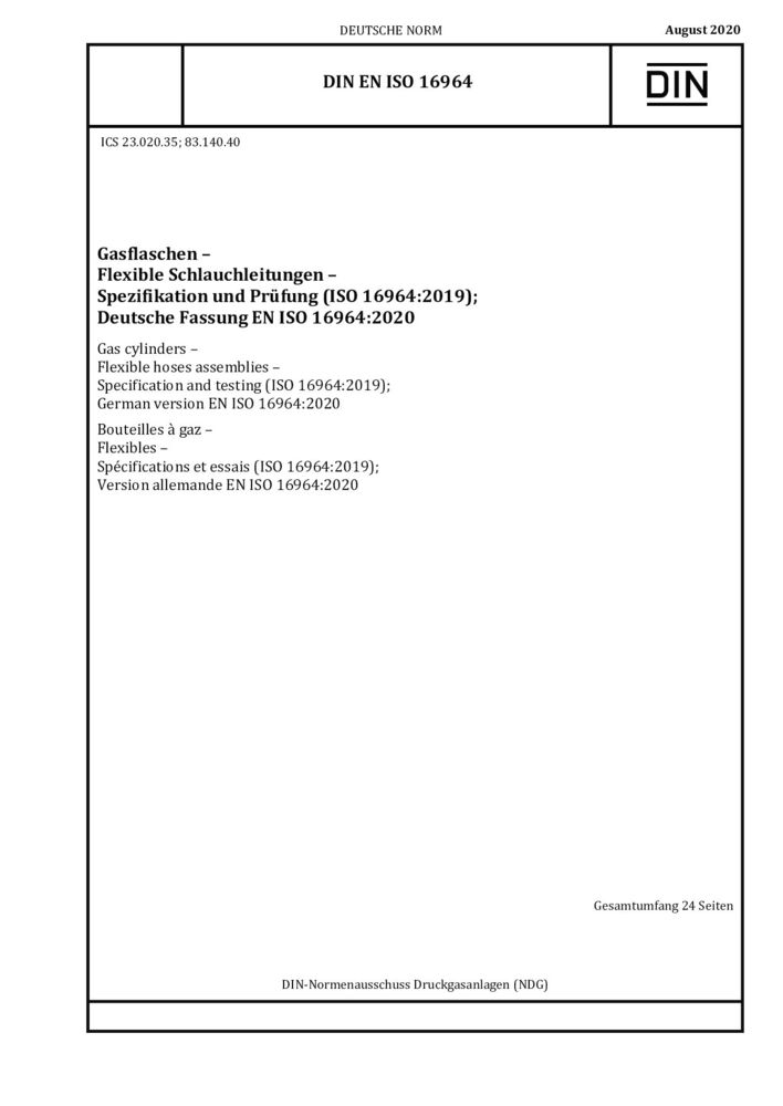 DIN EN ISO 16964:2020 气瓶 软管组件 规格和测试（ISO 16964:2019） 标准全文