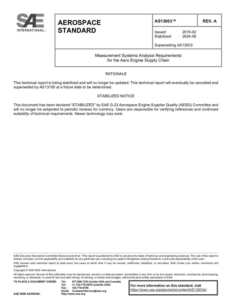 SAE AS13003A-2024 航空发动机供应链测量系统分析要求 标准全文